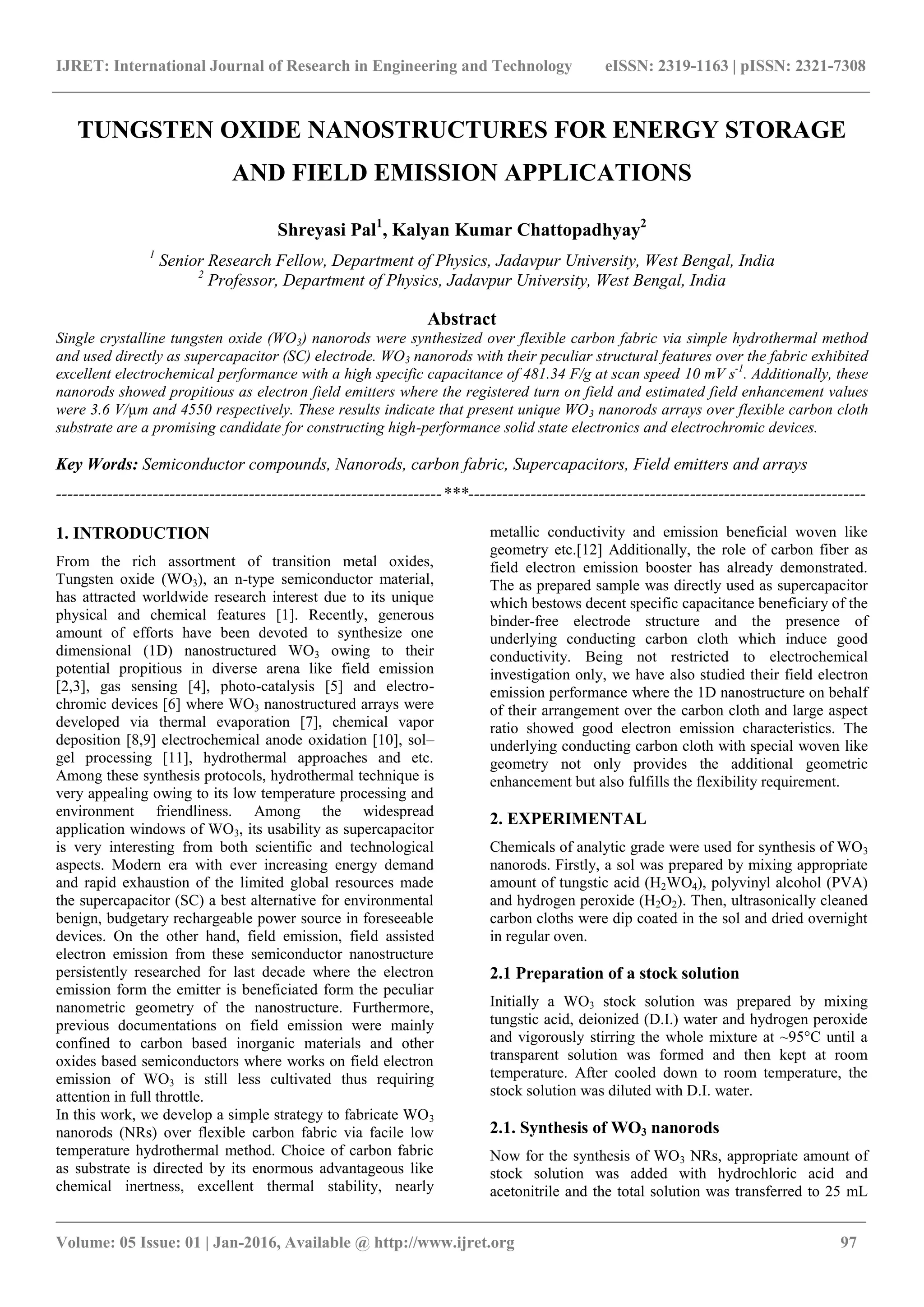 Tungsten oxide nanostructures for energy storage and field emission applications | PDF