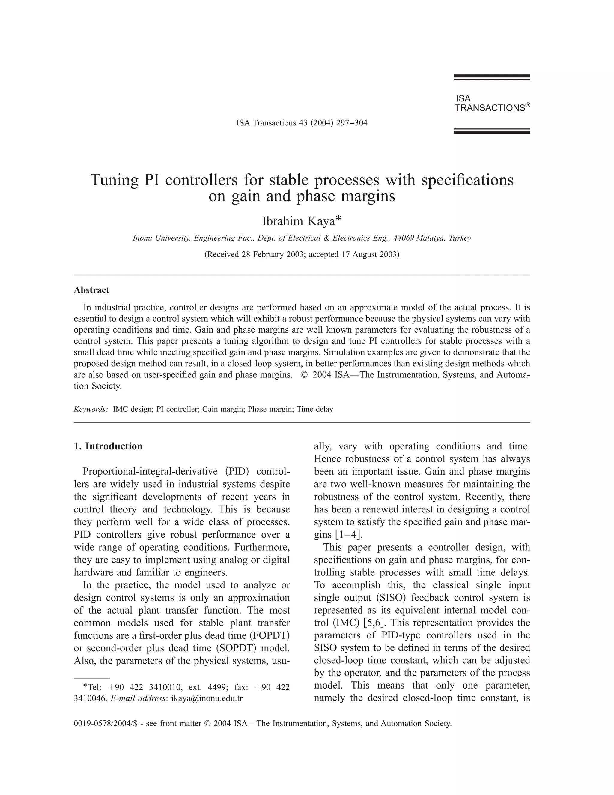 Tuning PI controllers for stable processes with specifications on gain and phase margins | PDF