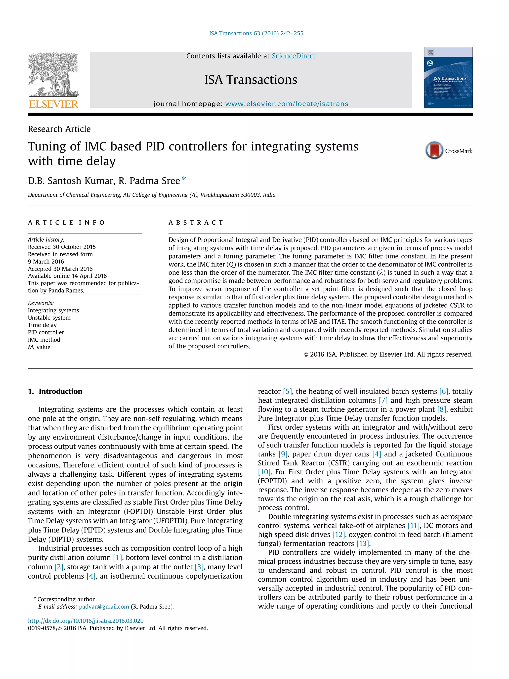 Tuning Of Imc Based Pid Controllers For Integrating Systems With Time