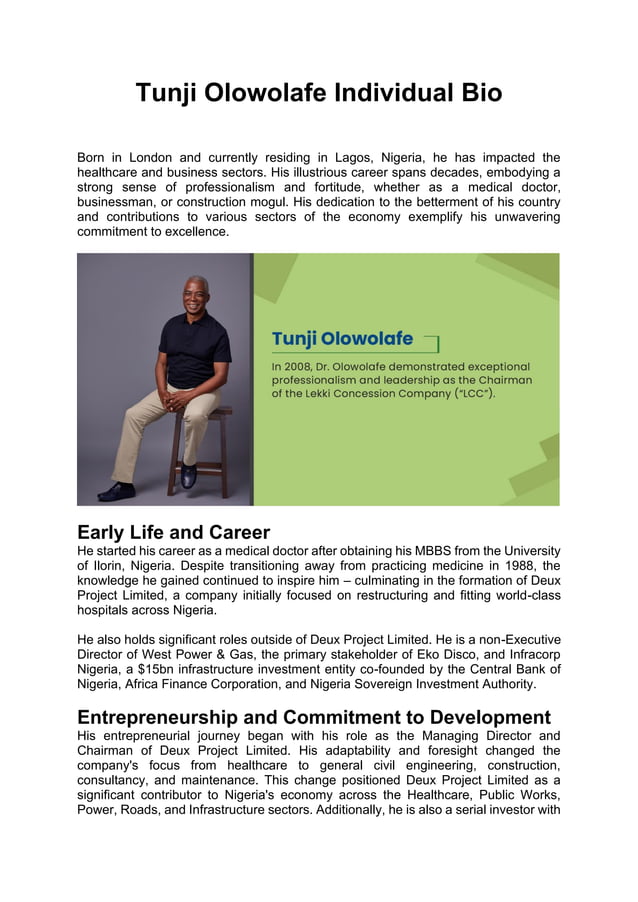 Tunji Olowolafe Individual Bio & Portfolio | PDF