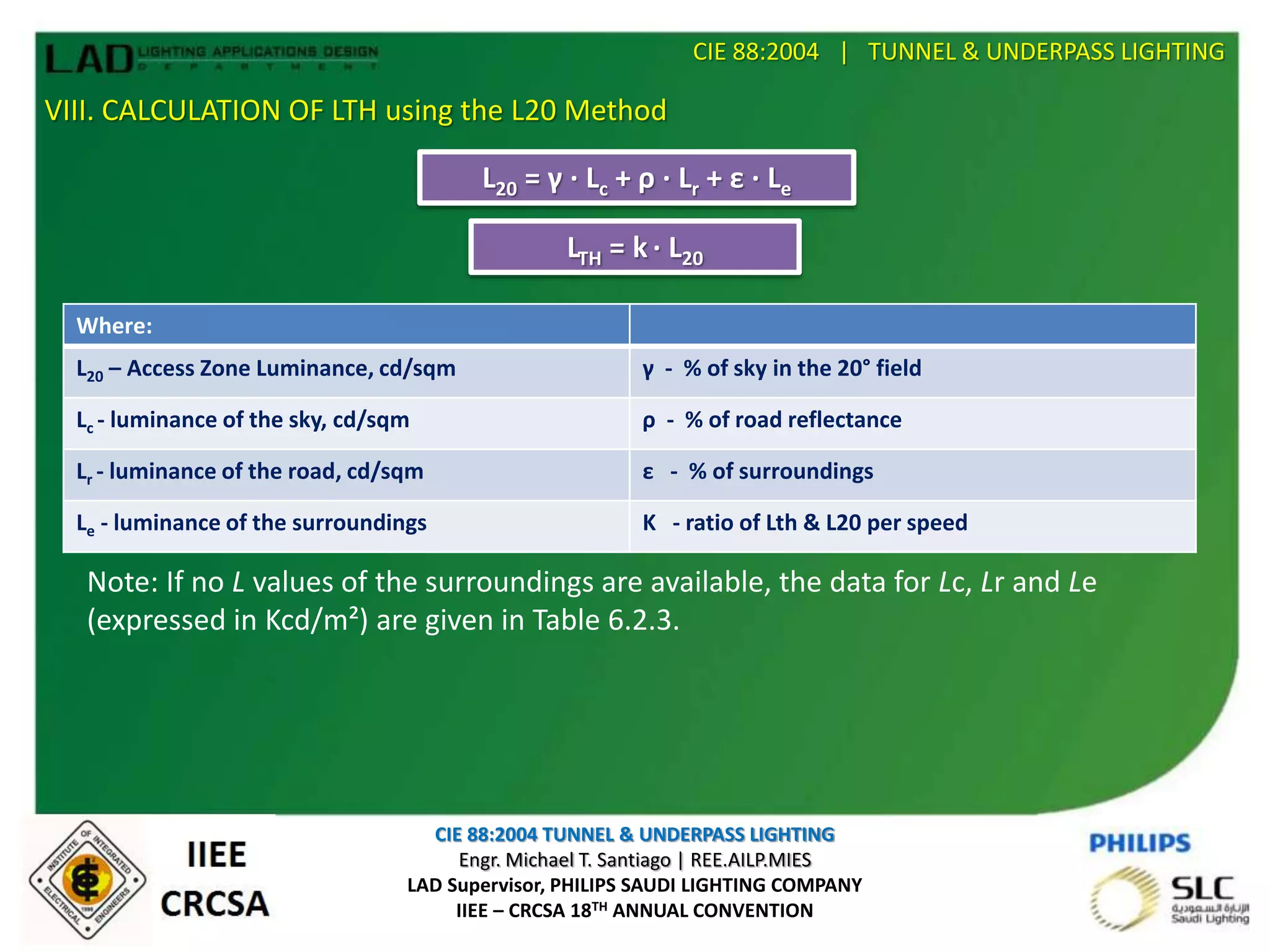 Tunnel & Underpass Lighting based on CIE 88: 2004 | PPTX