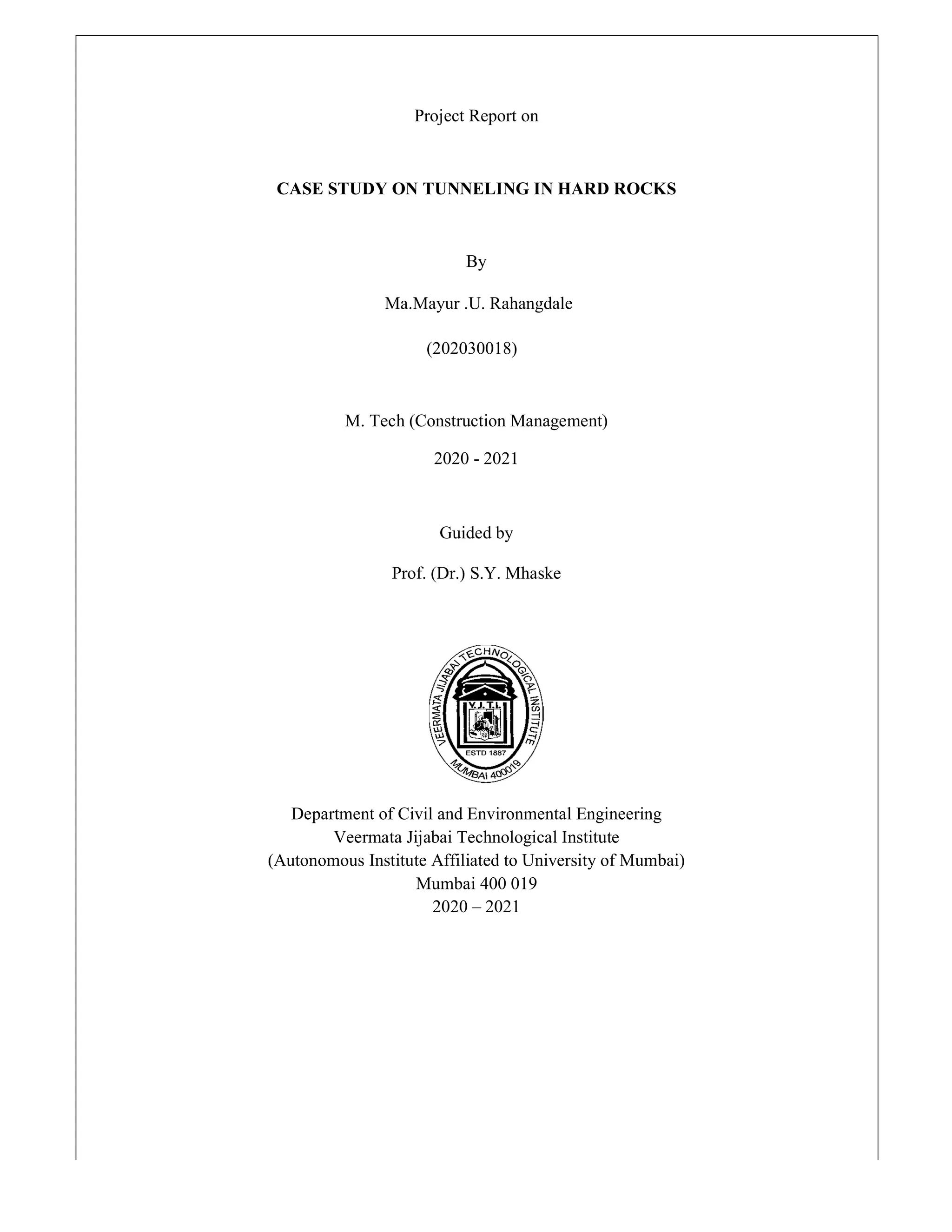 Tunnel Engineering Report (VJTI MUMBAI) | PDF