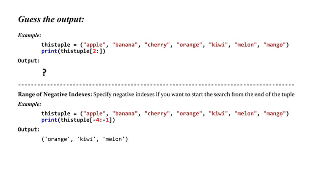 Tuple in python | PPTX | Programming Languages | Computing