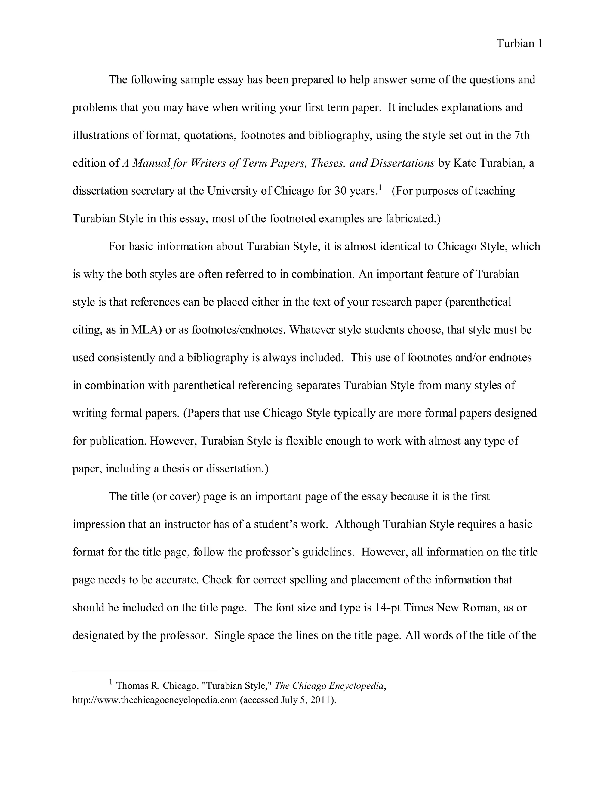 Turabian Example Paper with Footnotes Sample Paper - Austin Peay State ...