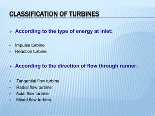 Classification of Hydraulic Turbines | PPTX