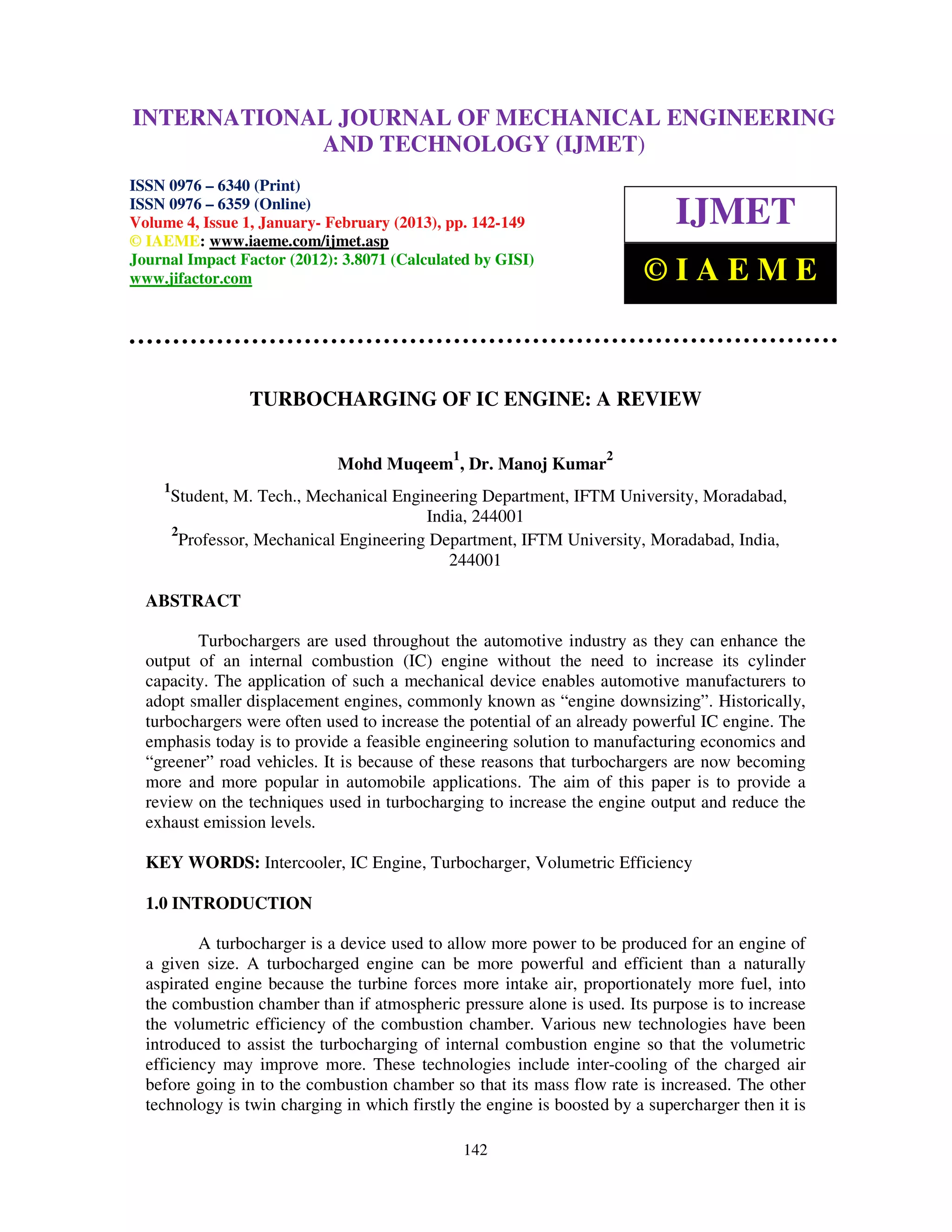 Turbocharging Of Ic Engine A Review Pdf