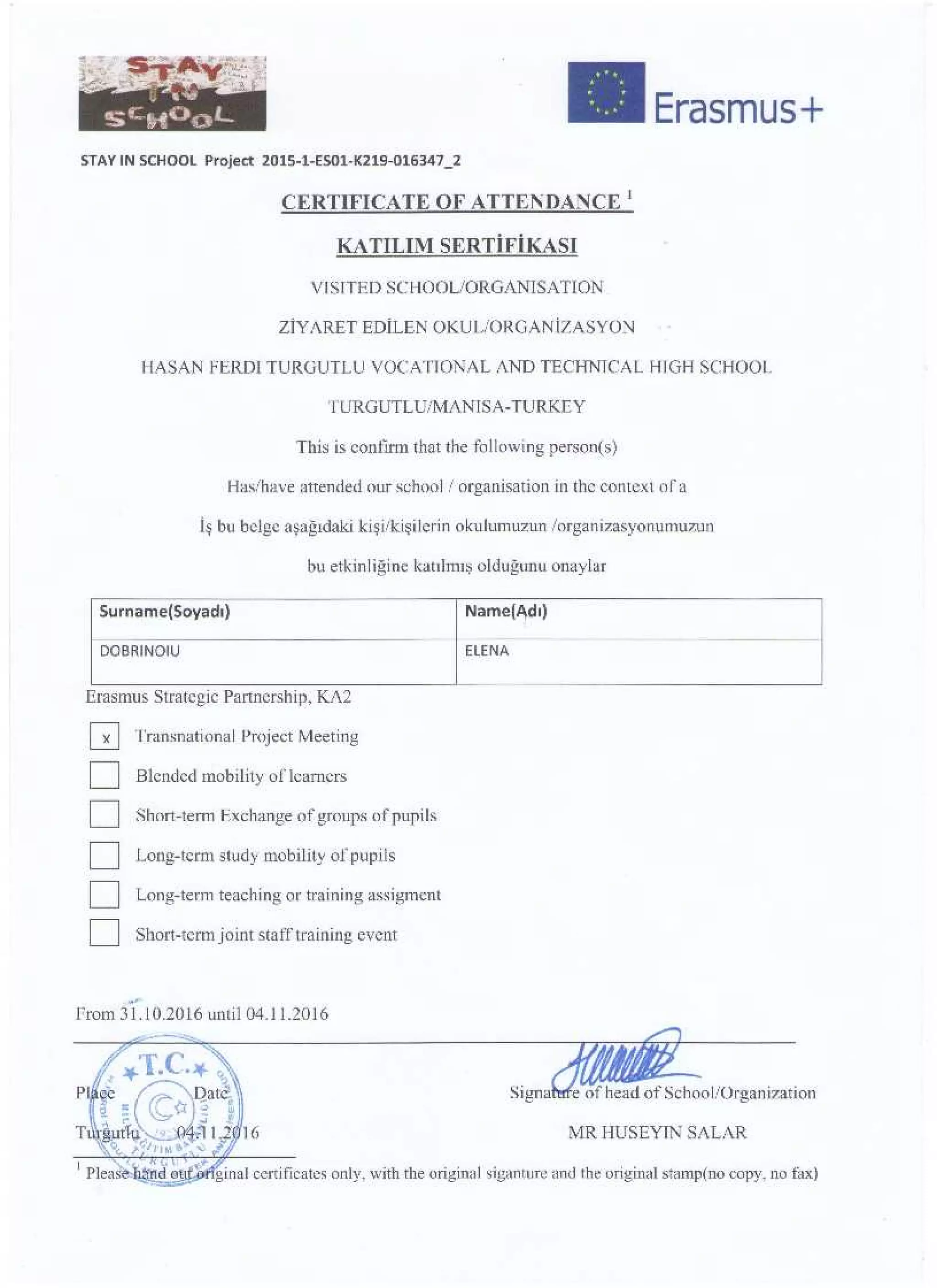 Certificate of attendance - Transnational meeting in Turkey | PDF