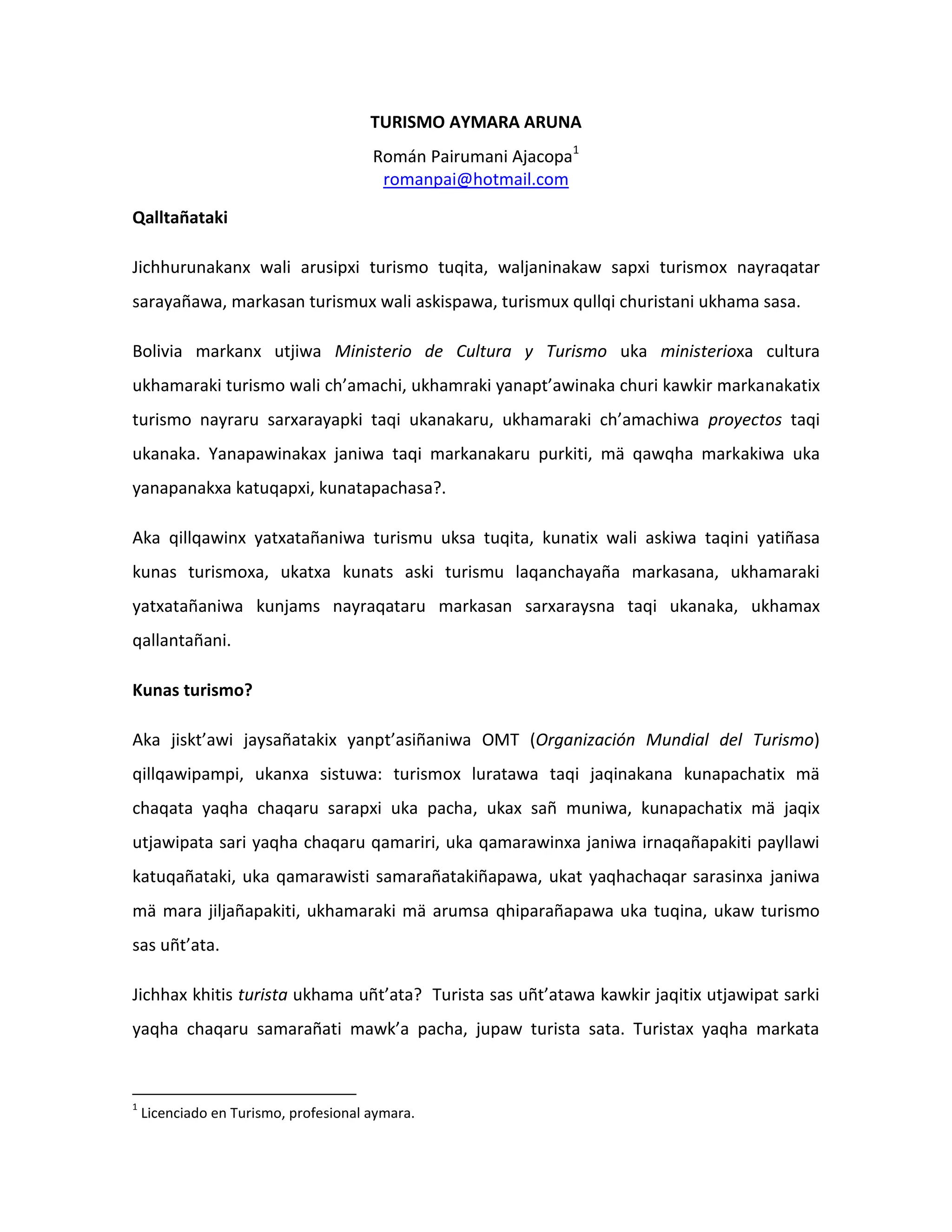 Turismo aymara aruna | PDF