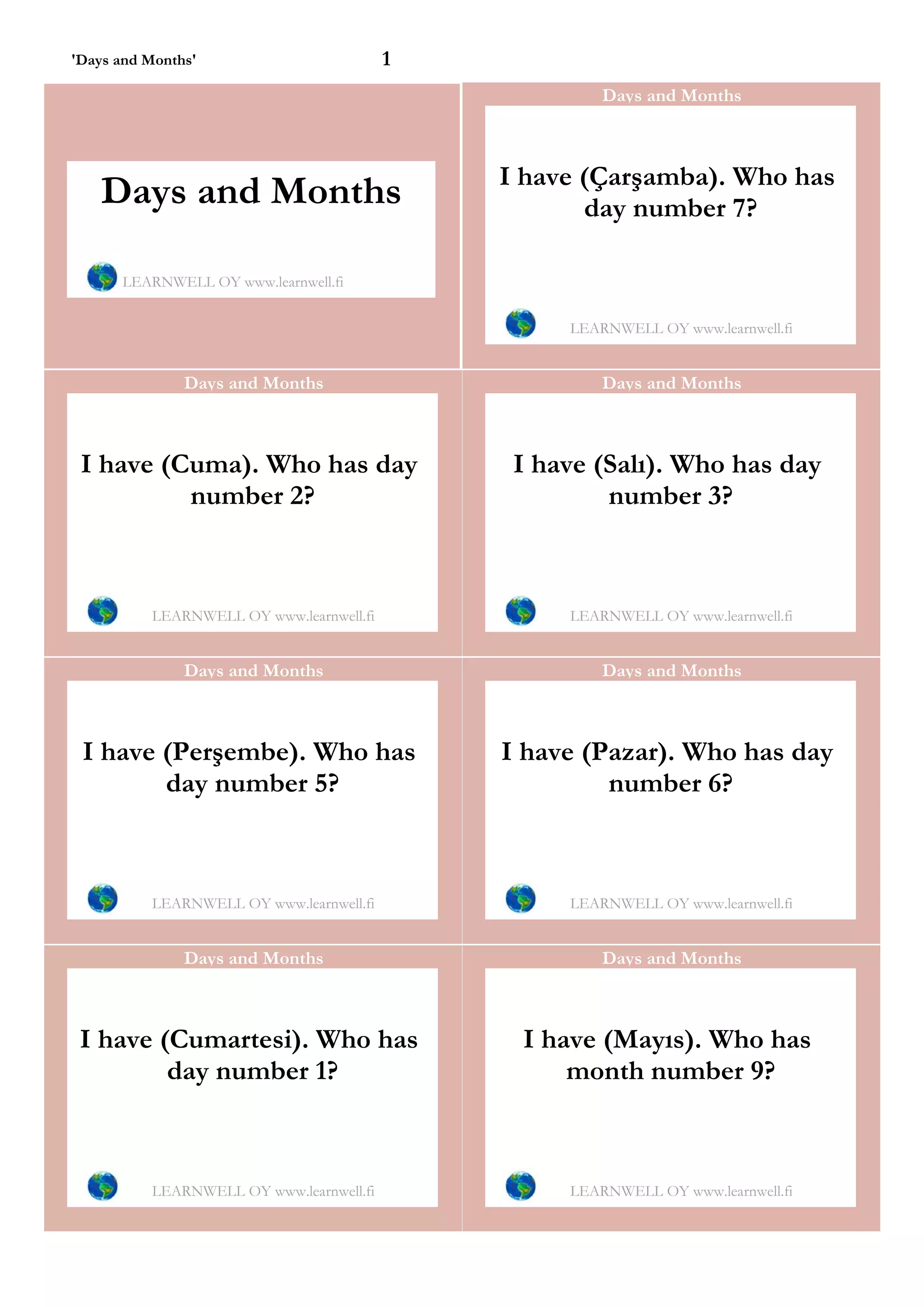 "Days and Months" Turkish - English cards | PDF