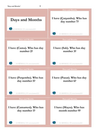 "Days and Months" Turkish - English cards | PDF