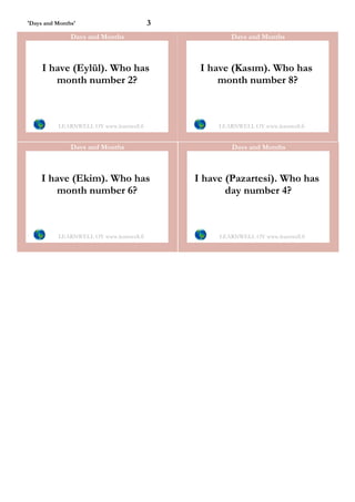 "Days and Months" Turkish - English cards | PDF