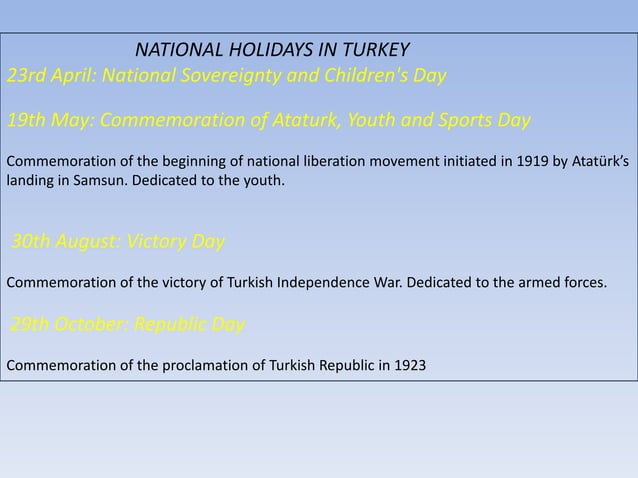 Turkish National Holidays | PPTX | National & Civic Holidays | Holidays