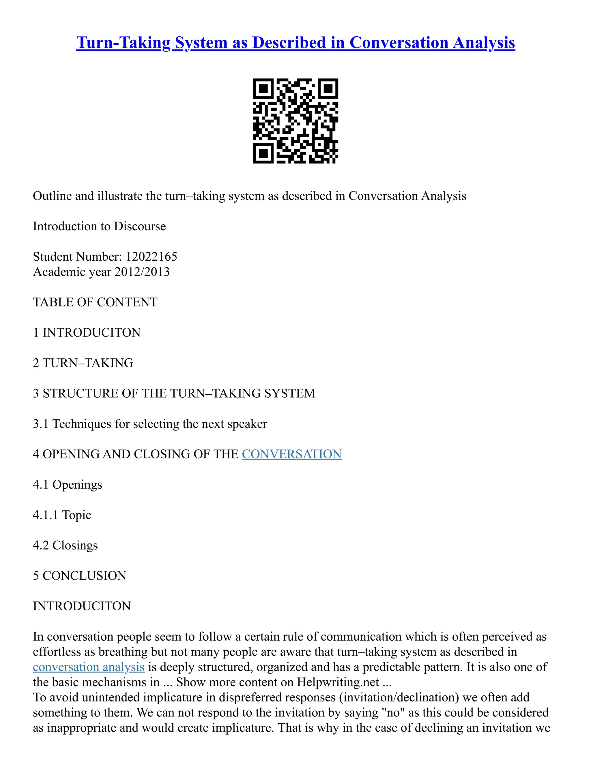 Turn-Taking System As Described In Conversation Analysis | PDF ...