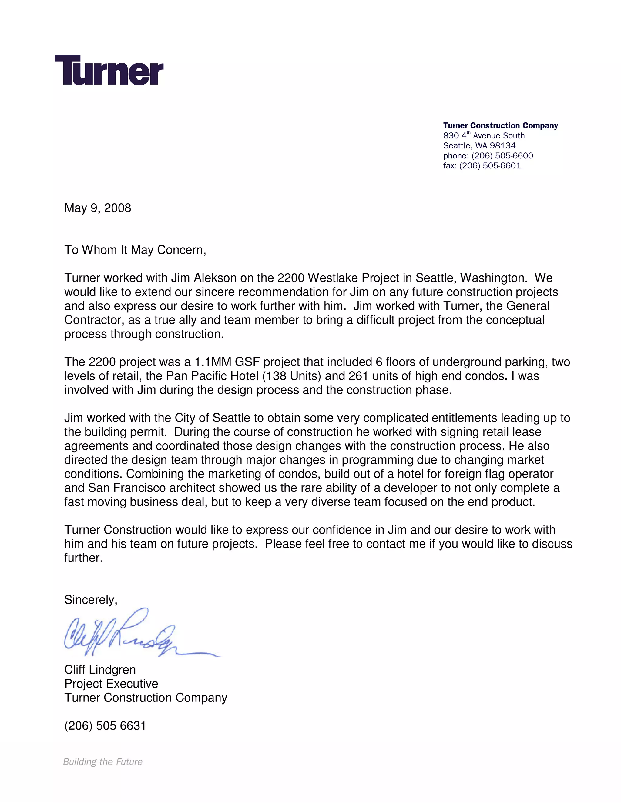 Turner Construction Letter Of Recommendation | PDF