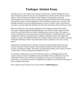 Tuskegee Airmen Essay. Tuskegee Airmen Story Synopsis | PDF