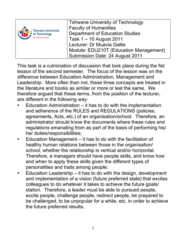 TUT EDU210T - Task 1 Difference between Education Administration ...