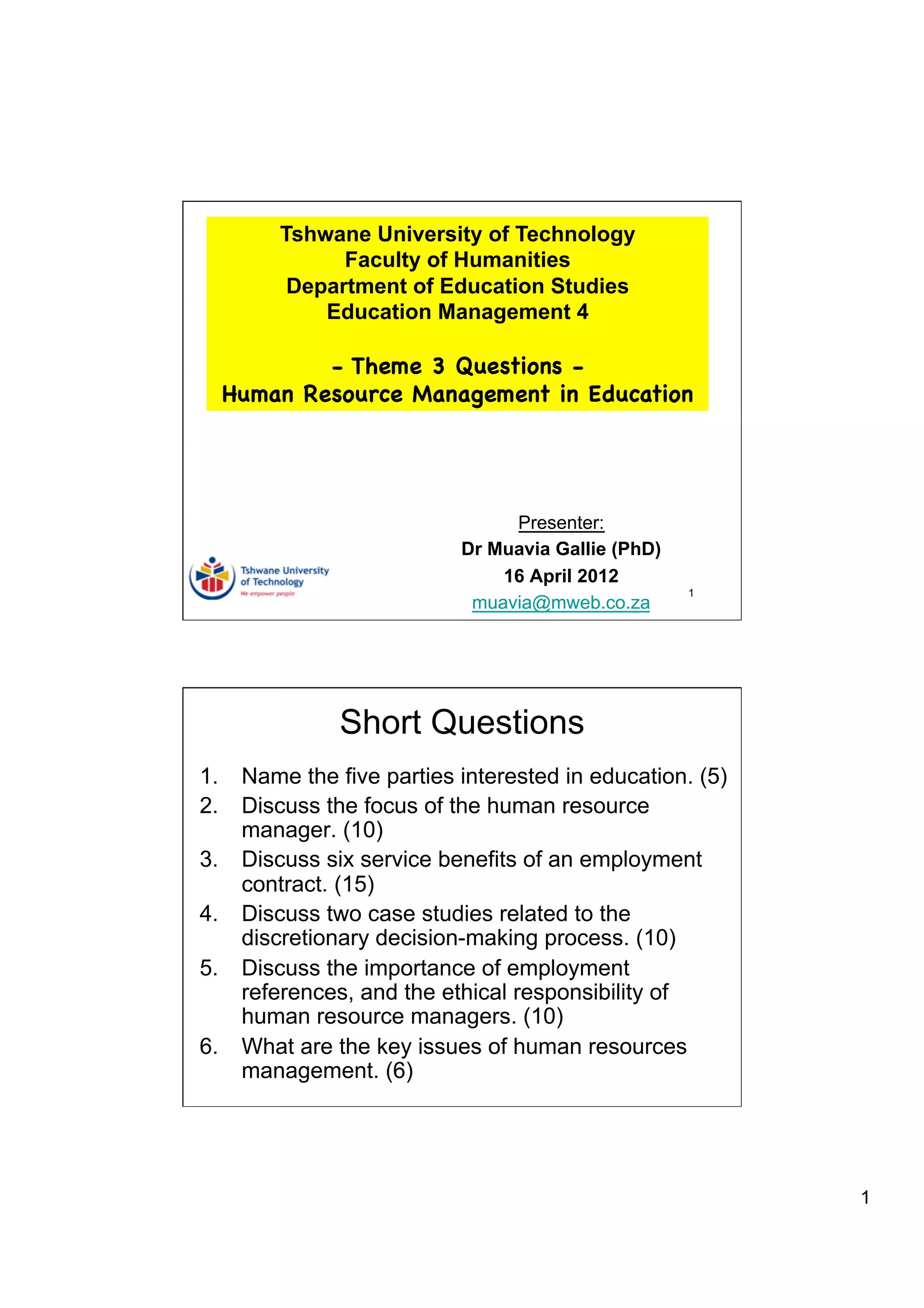TUT EDU420 Theme 3 Questions - Human Resource Management in Education | PDF