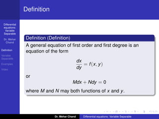 Tutorial 1: Differential equations: Variable Separable | PDF