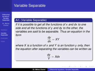 Tutorial 1: Differential equations: Variable Separable | PDF