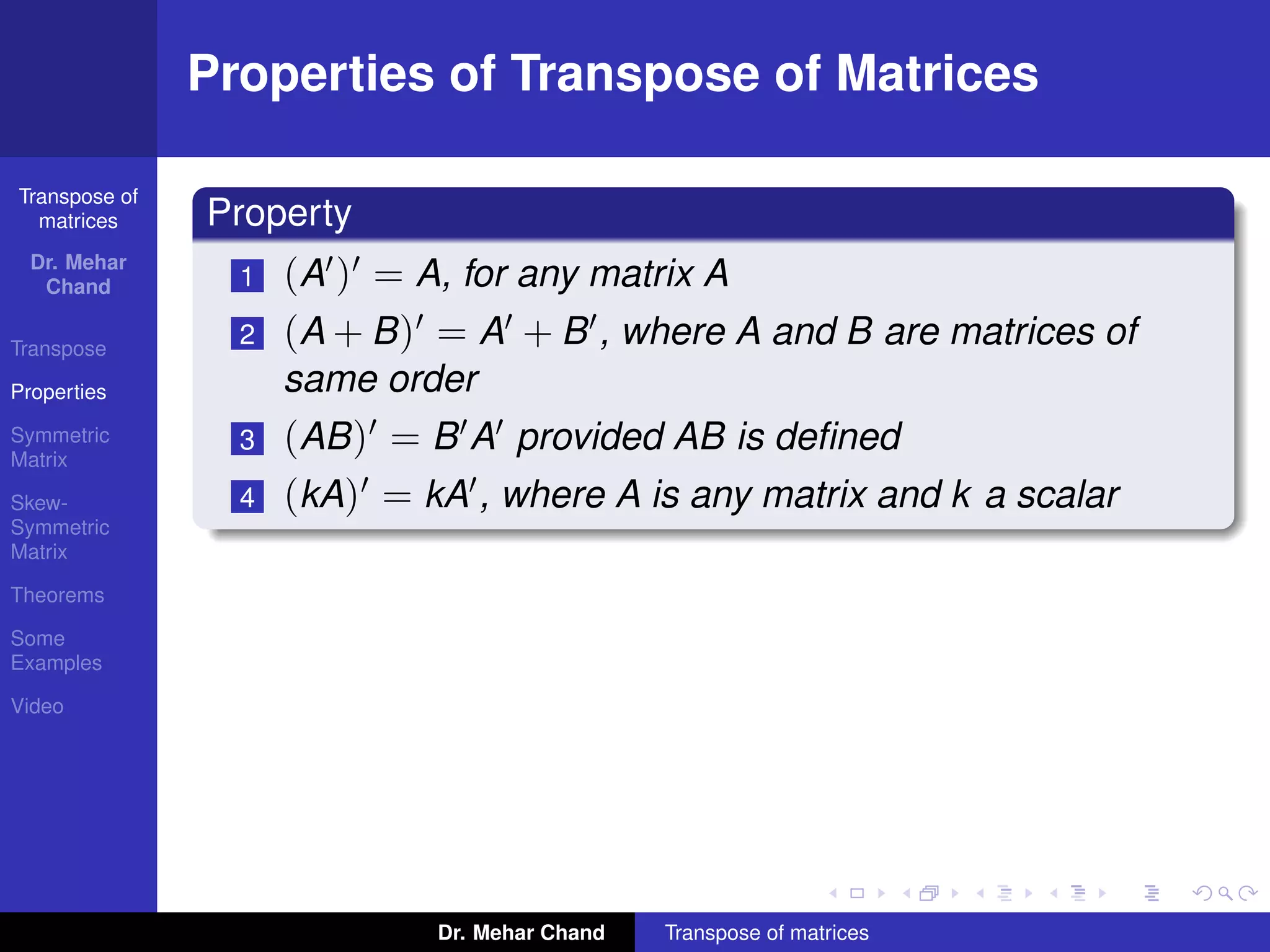 Tutorial 7: Transpose of matrices and Its properties | PDF