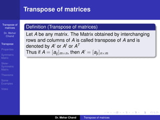 Tutorial 7: Transpose of matrices and Its properties | PDF