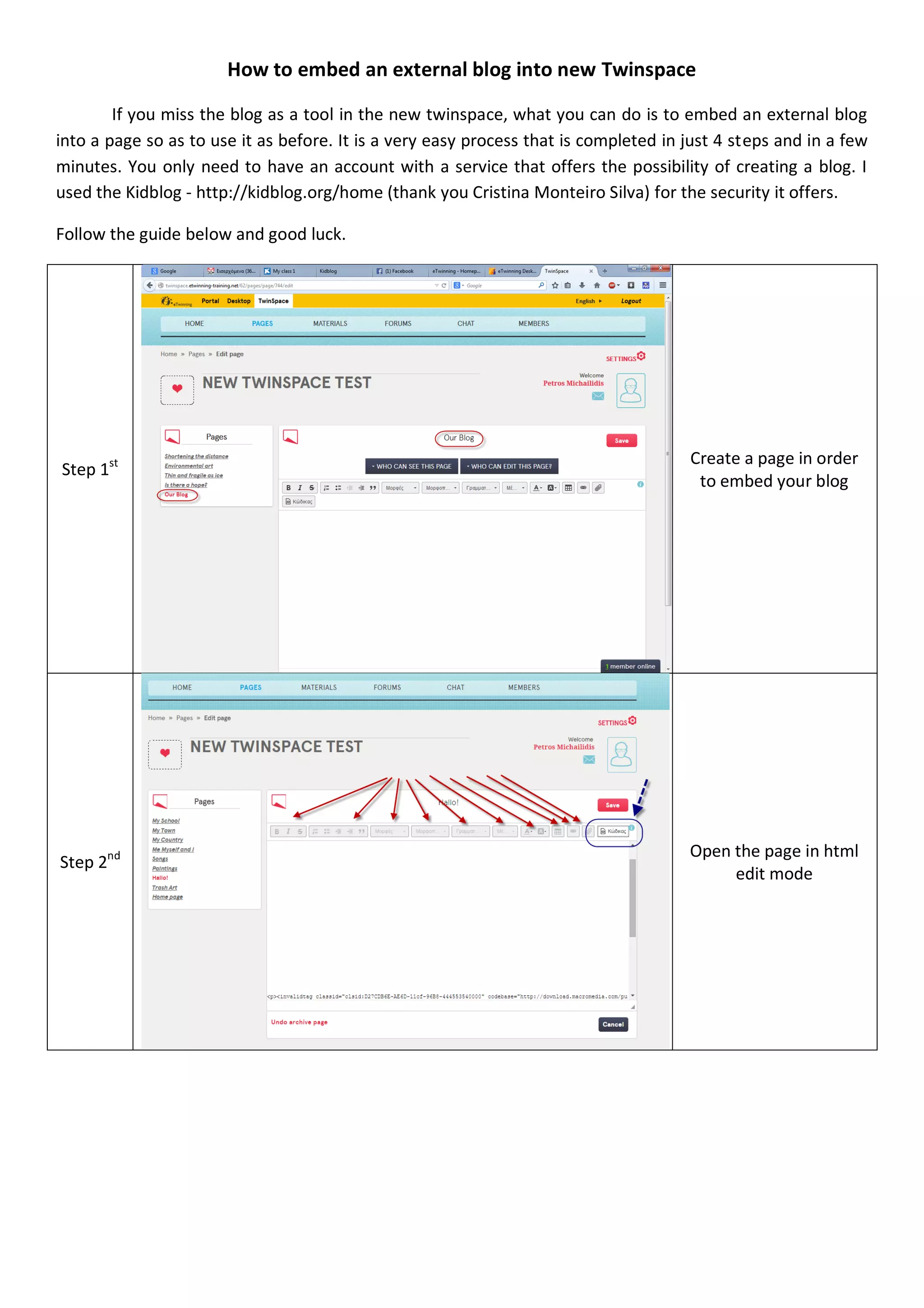 Tutorial - How to embed an external blog into new Twinspace | PDF