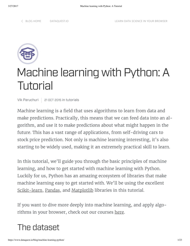 Tutorial machine learning with python - a tutorial | PDF