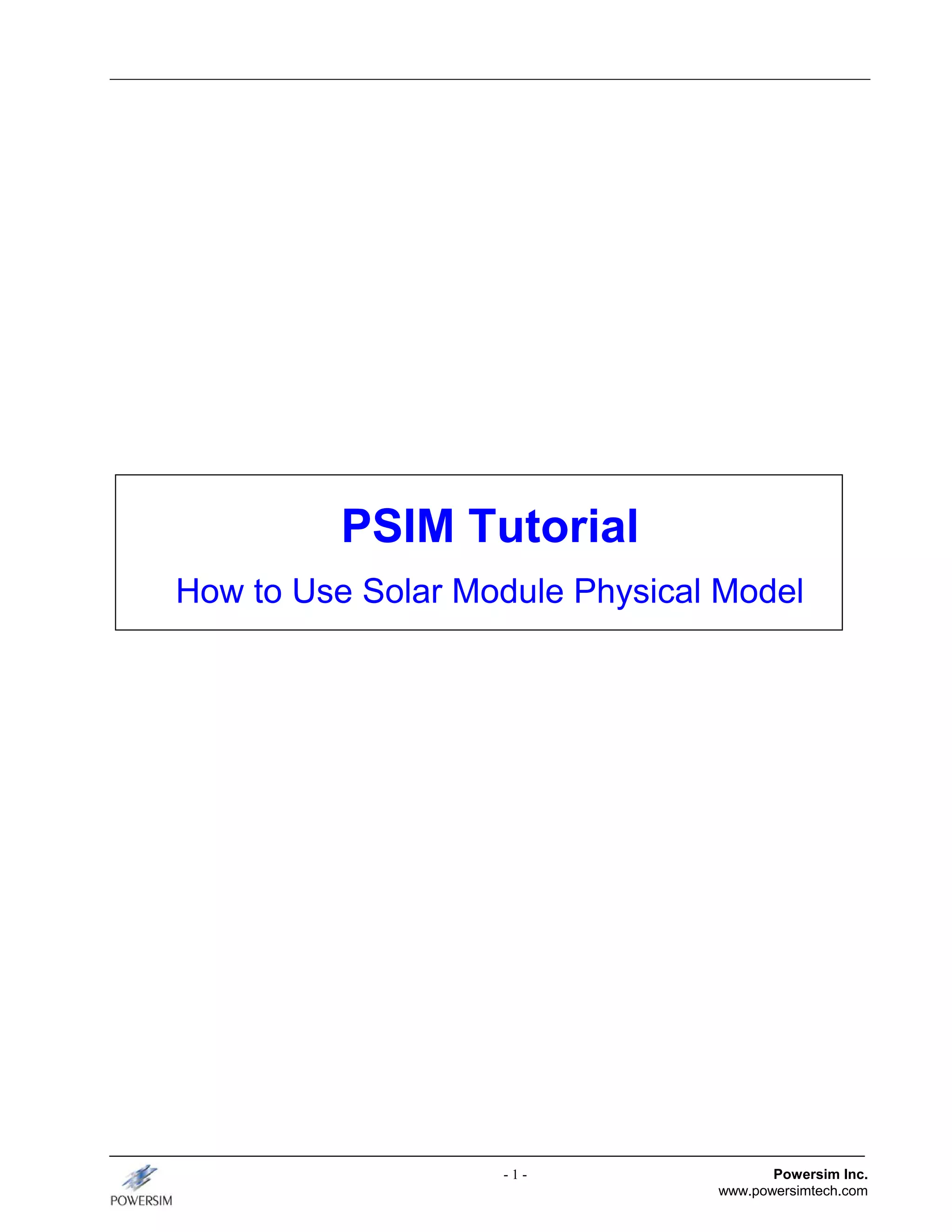 PSIM Tutorial: How to Use Solar Module Physical Model | PDF