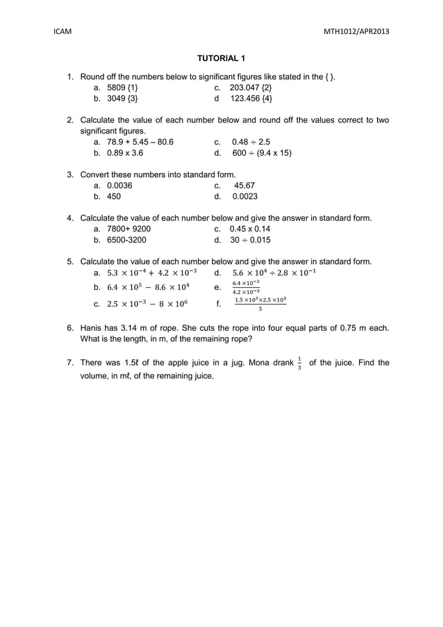 Tutorial 1 : SIGNIFICANT FIGURES AND STANDARD FORM | DOCX