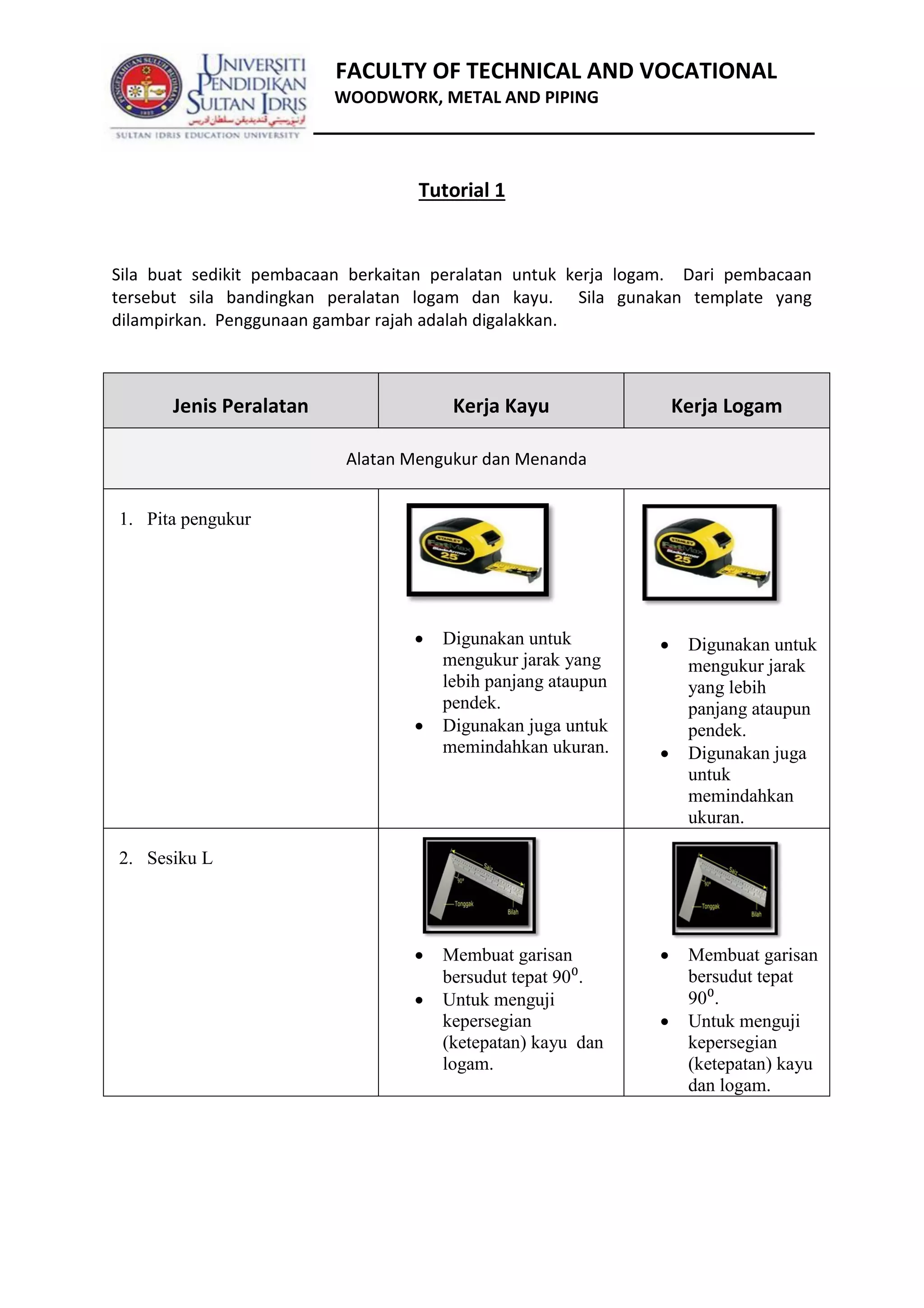 Tutorial 1 (VET3032 KERJA KAYU, LOGAM DAN PAIP) | PDF
