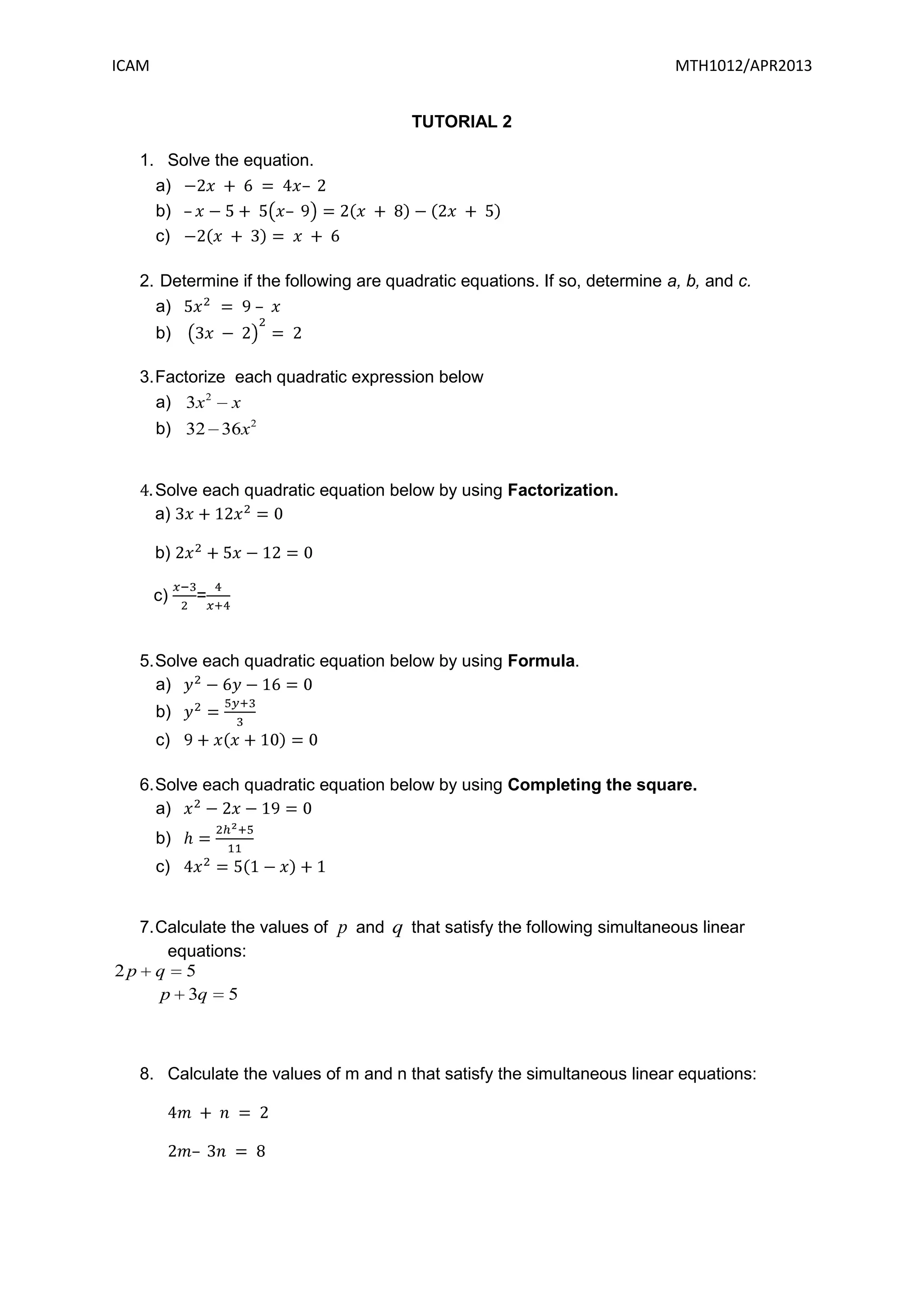 Tutorial 2: EQUATIONS AND INEQUALITIES | PDF