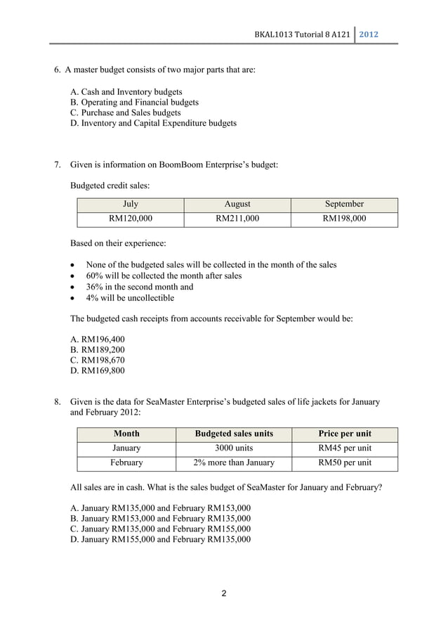 Tutorial 8 budgeting | PDF