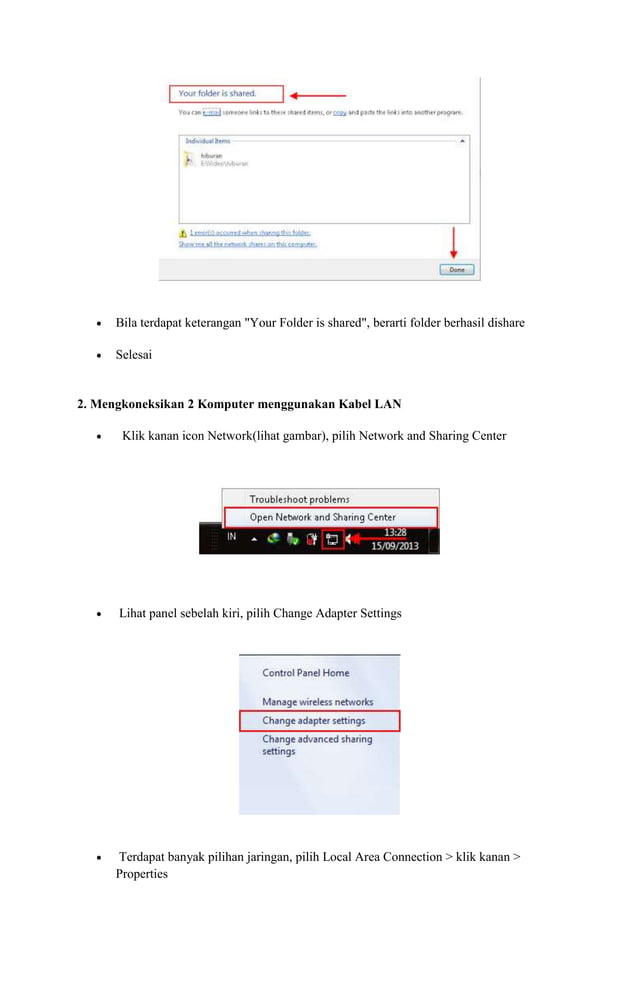 Tutorial cara sharing data file di windows 7 dengan kabel lan | DOCX