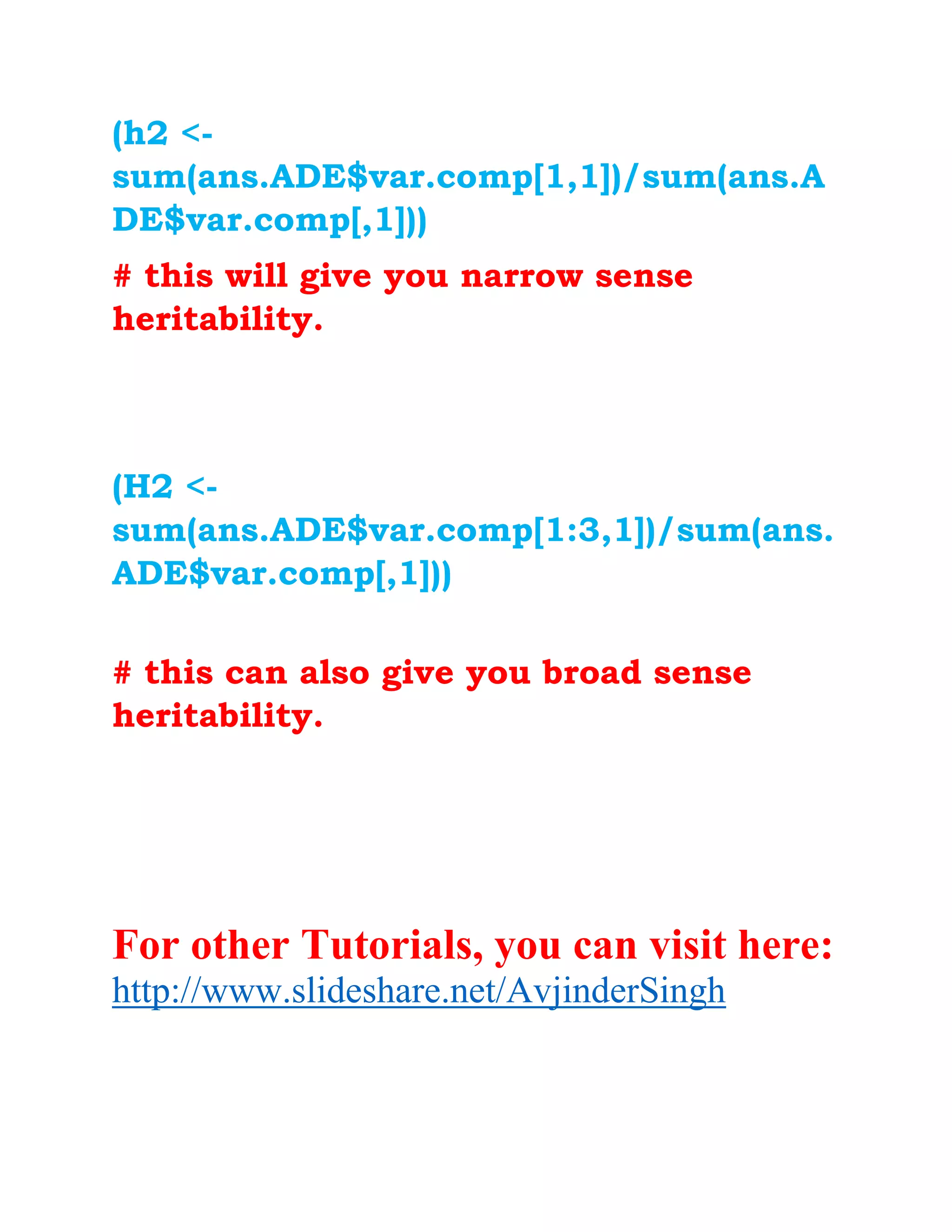 Tutorial for Estimating Broad and Narrow Sense Heritability using R | PDF