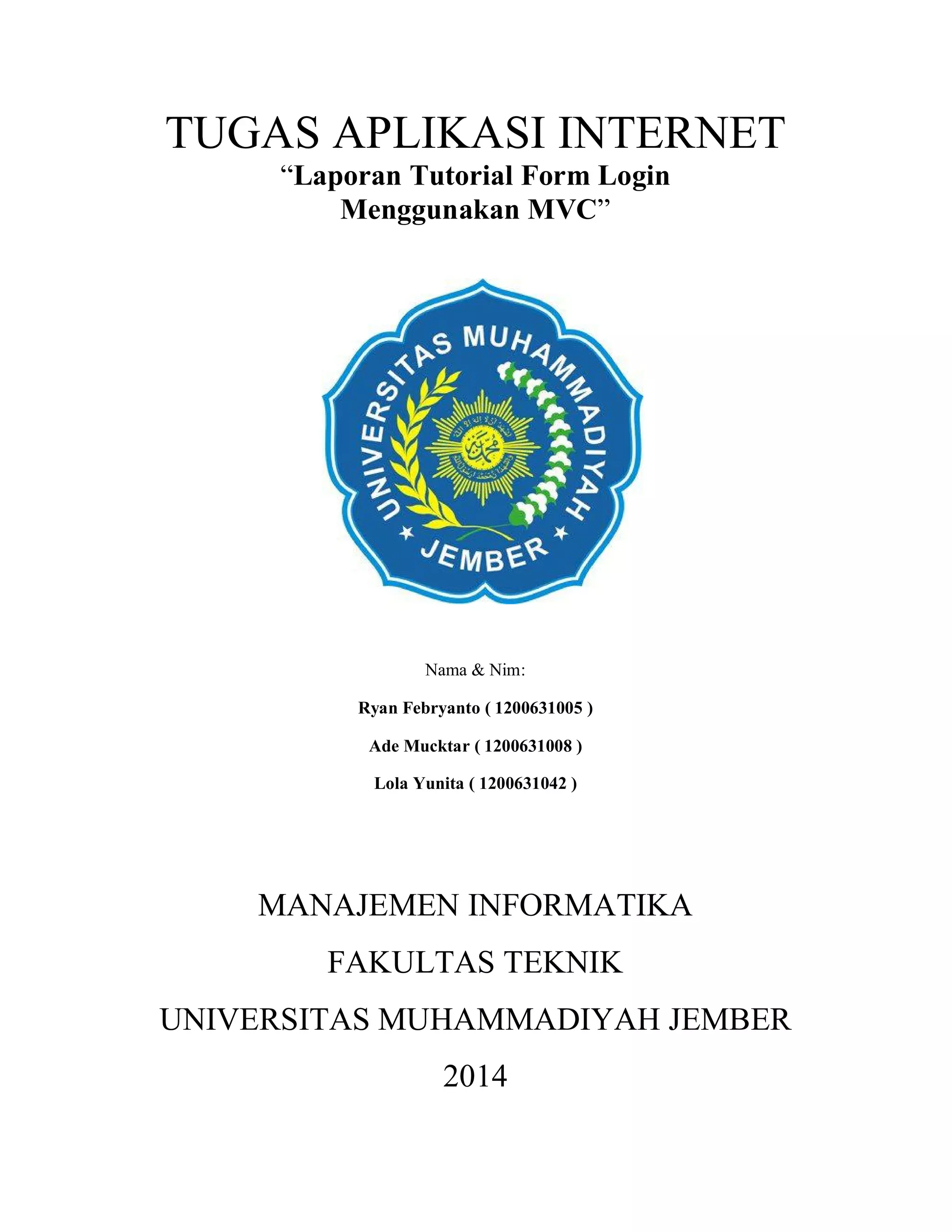 Tugas Aplinet( Tutorial form login menggunakan mvc (ryan,ade,lola)) | PDF