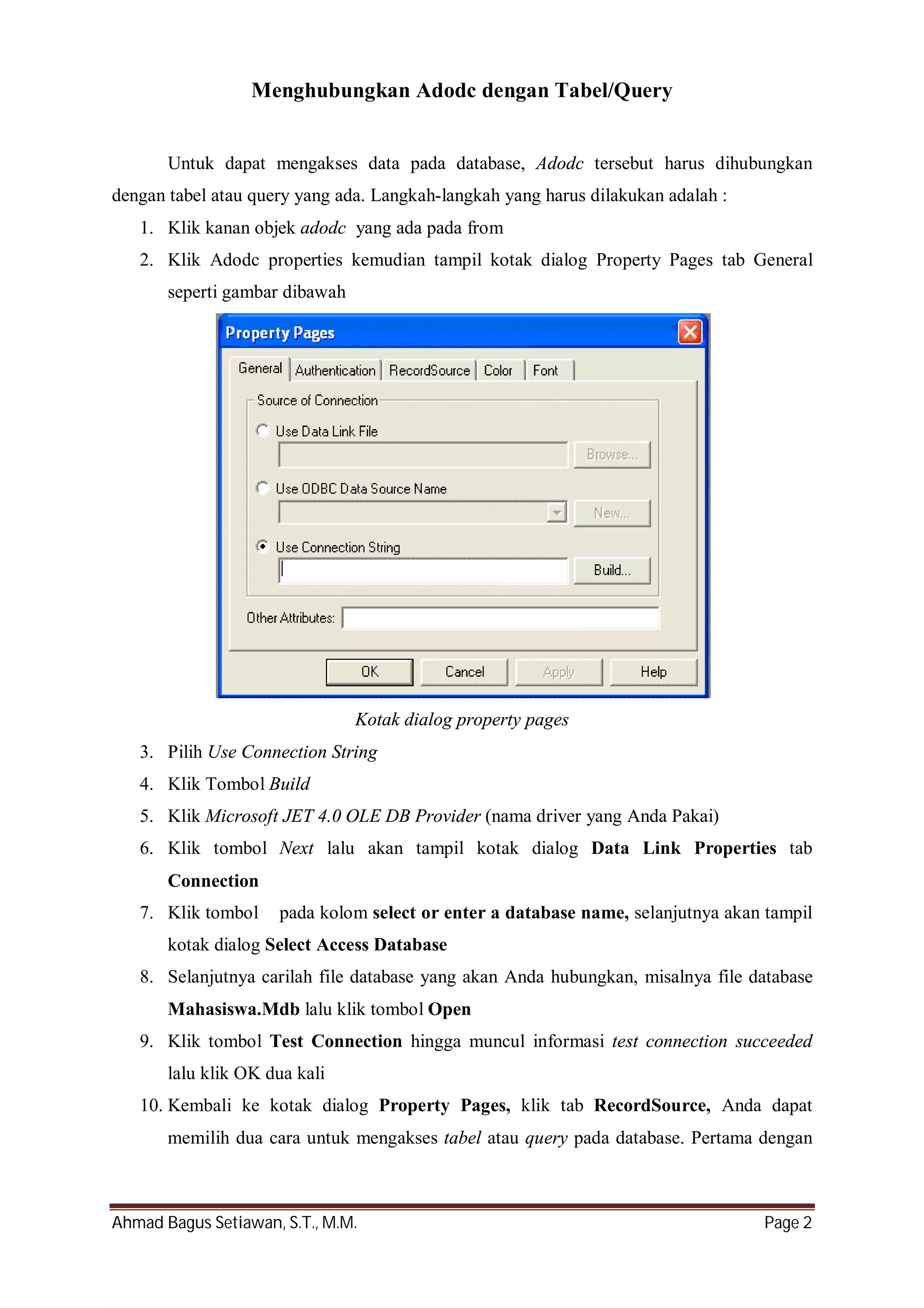 Tutorial koneksi database menggunakan komponen adodc | PDF