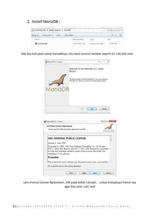 Install MariaDB pada WINDOWS, Konfigurasi, DDL, dan DML | PDF