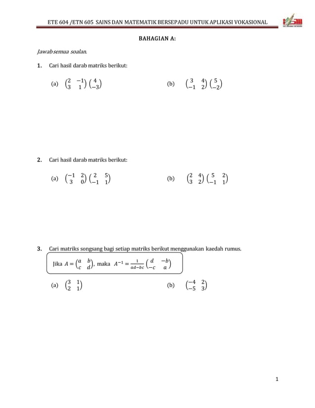 Tutorial matriks sem2 diploma kv | DOCX