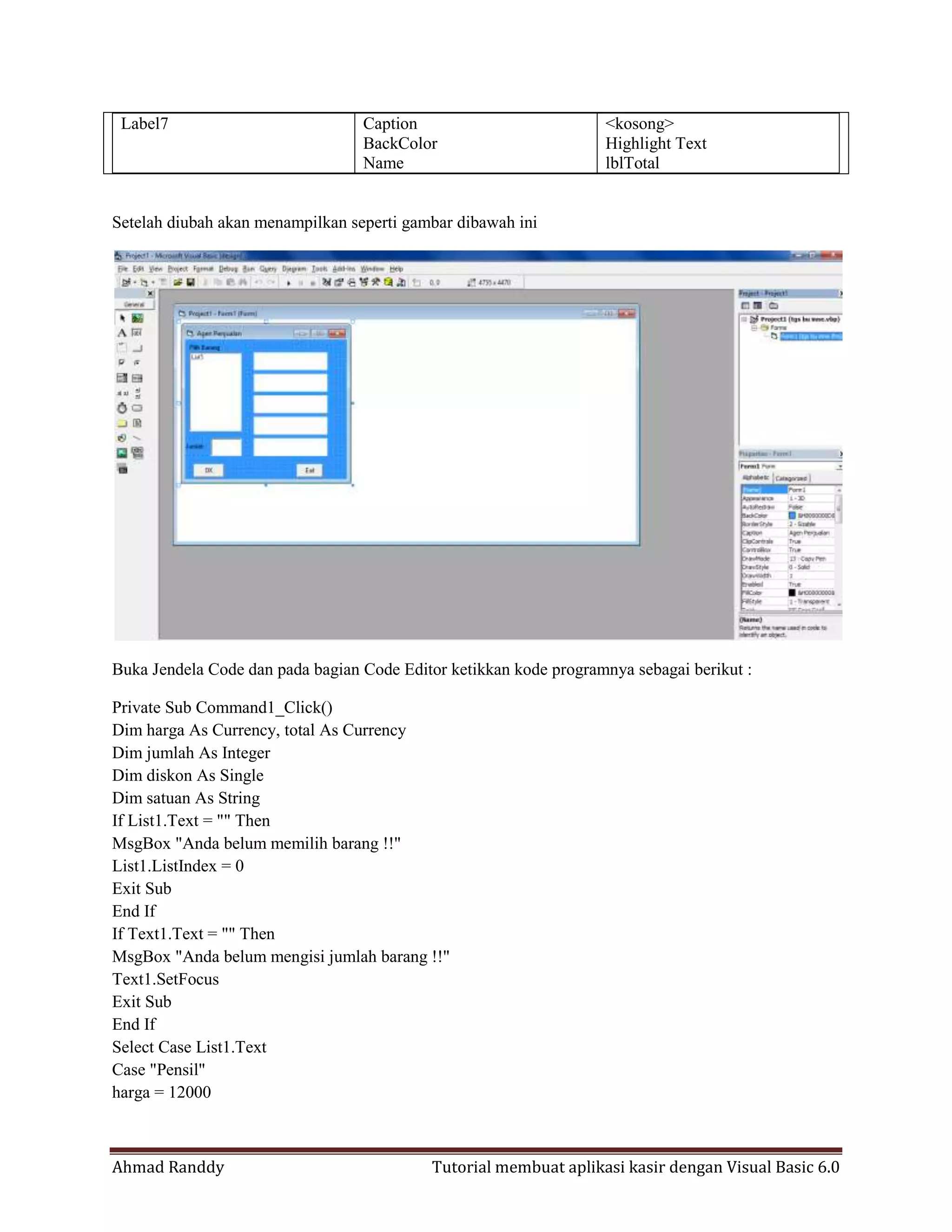 Tutorial membuat aplikasi kasir dengan vb 6.0 | DOCX