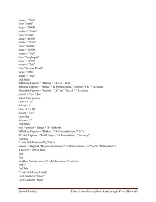 Tutorial membuat aplikasi kasir dengan vb 6.0 | DOCX