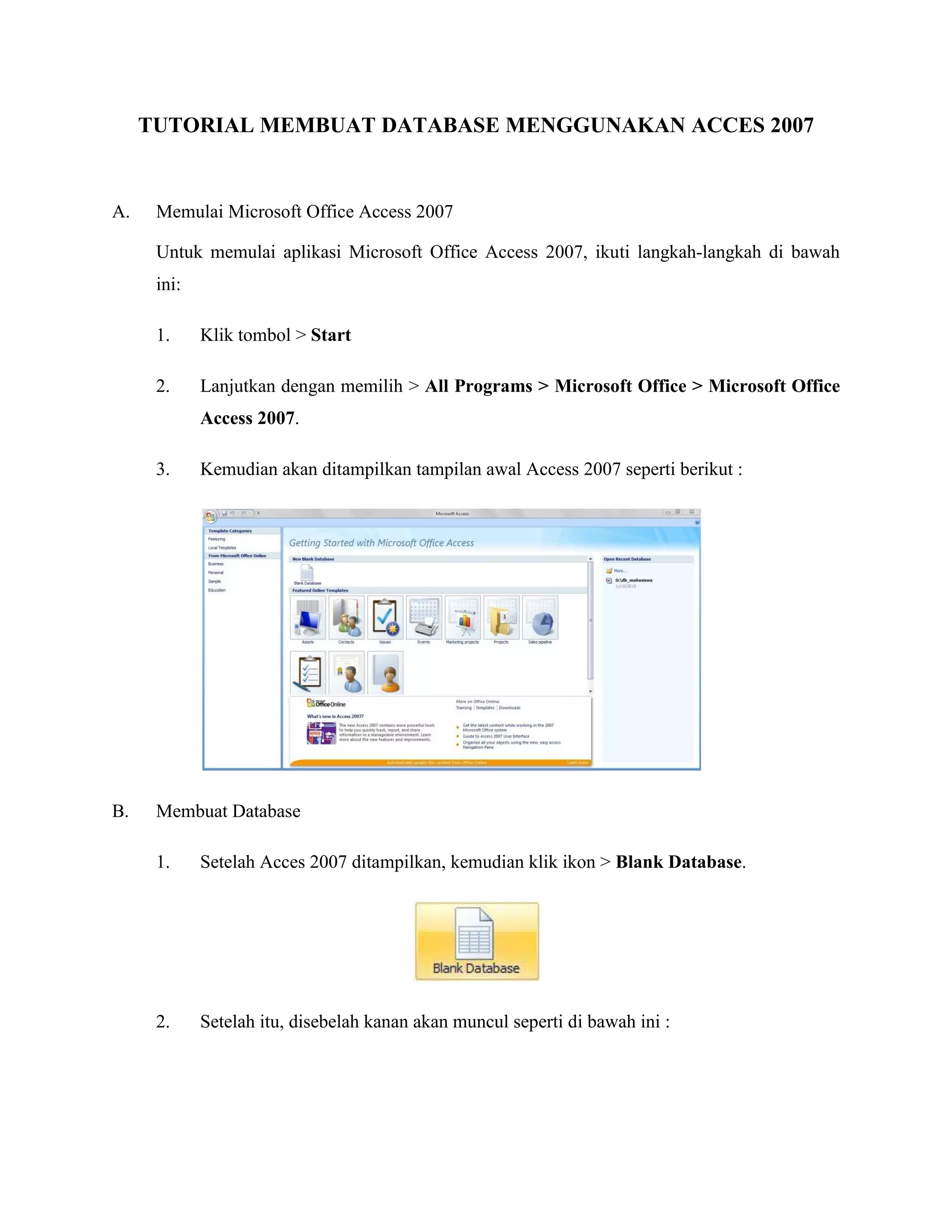 Tutorial membuat database menggunakan acces 2007 (peni) | PDF