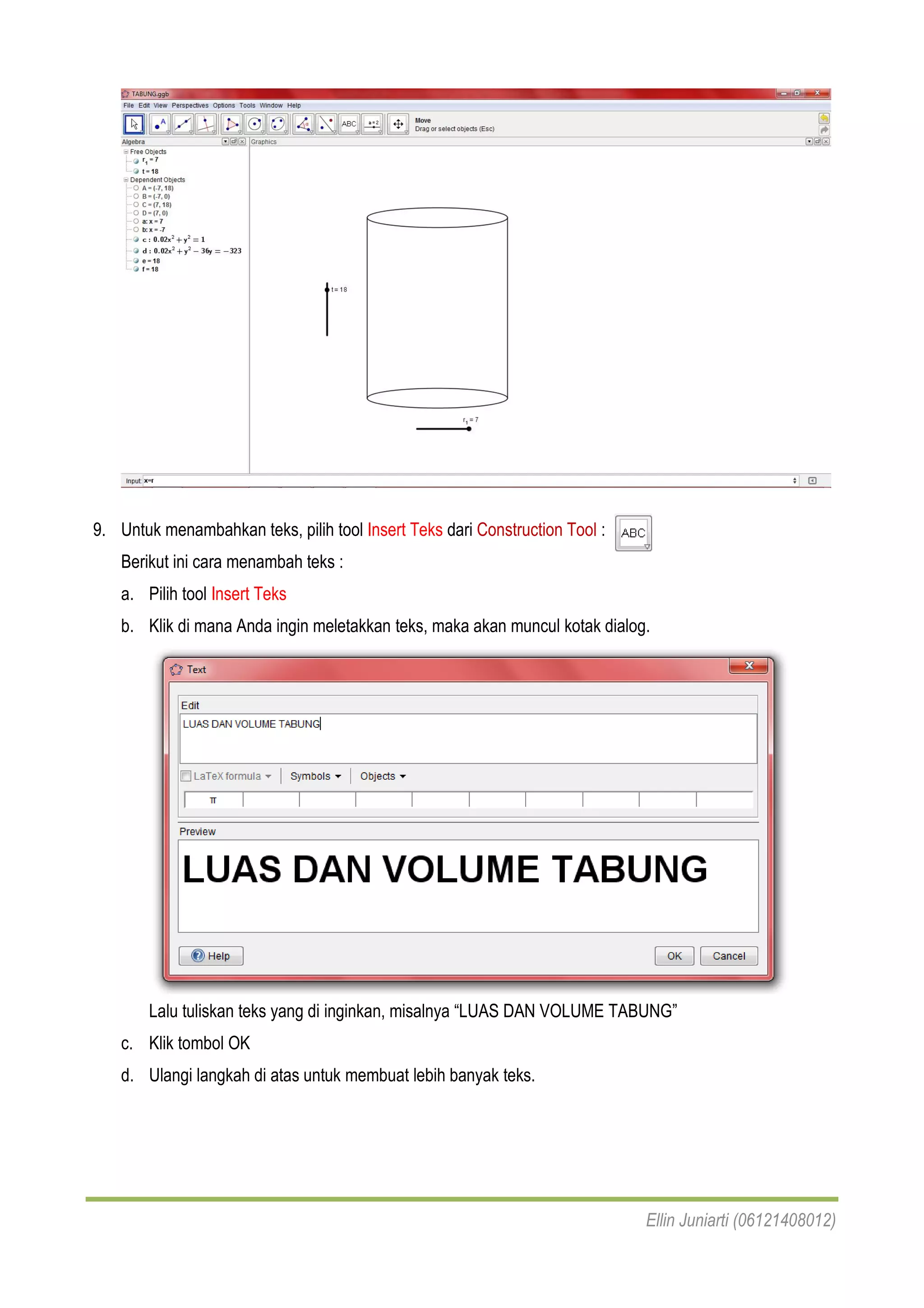 Tutorial membuat luas dan volume tabung menggunakan geogebra | PDF