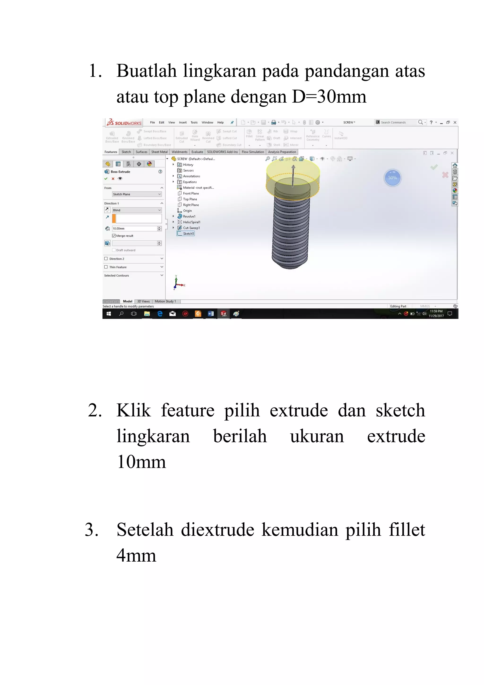 Tutorial membuat screw 3d menggunakan software solidwork | DOC