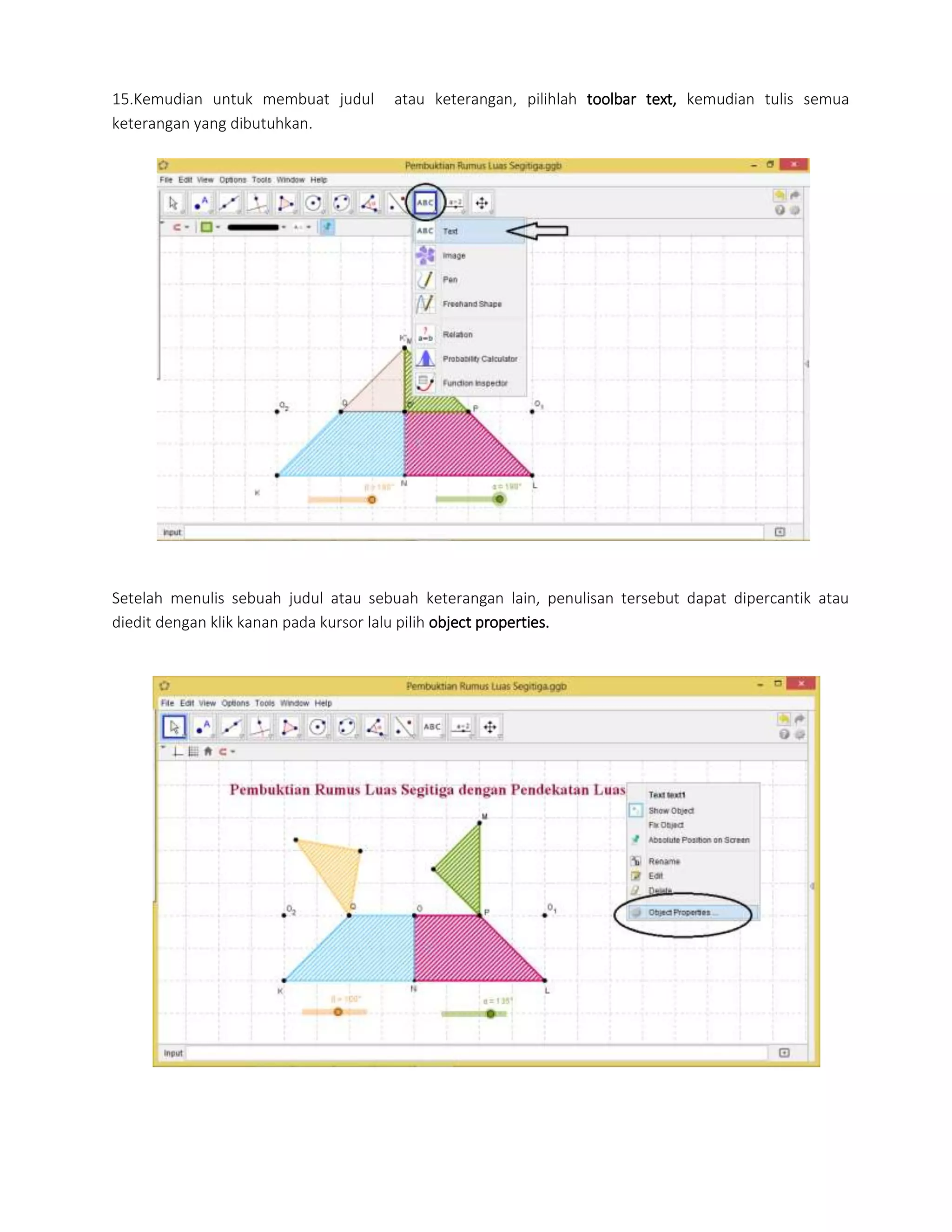Tutorial membuat pembuktian l.segitiga dengan pendekatan l.persegi panjang di geogebra | DOCX