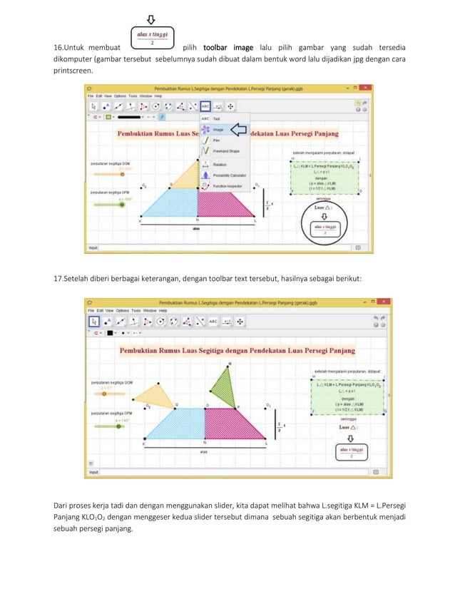 Tutorial membuat pembuktian l.segitiga dengan pendekatan l.persegi panjang di geogebra | DOCX