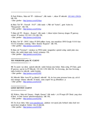 Tutorial praktis instal + seting basic limiter mikrotik pc ala newbie | DOCX