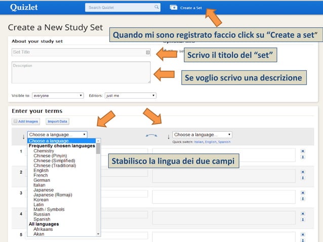Come creare "set" in quizlet | PPT