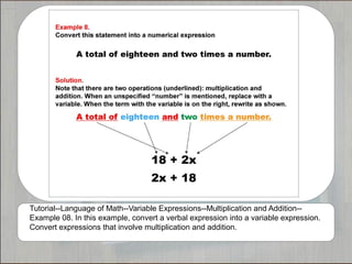 Tutorials--The Language of Math--Variable Expressions--Multiplication and Addition | PPT