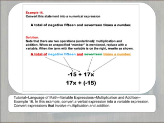 Tutorials--The Language of Math--Variable Expressions--Multiplication and Addition | PPT