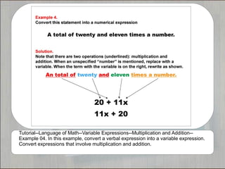 Tutorials--The Language of Math--Variable Expressions--Multiplication and Addition | PPT
